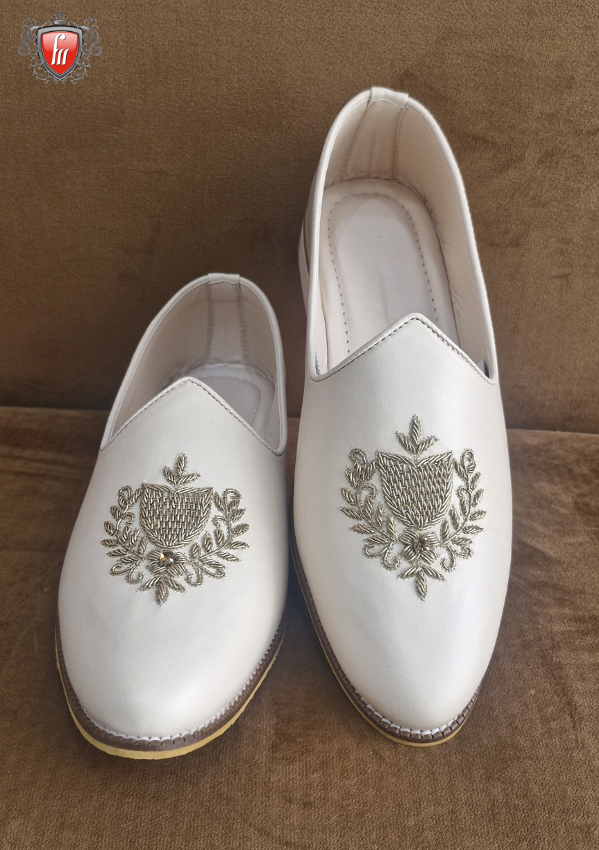 Cream Micro Leather Shoes with Kardana, Sequin, and Dabka Handwork– Fabmark-High Quality Suits ...